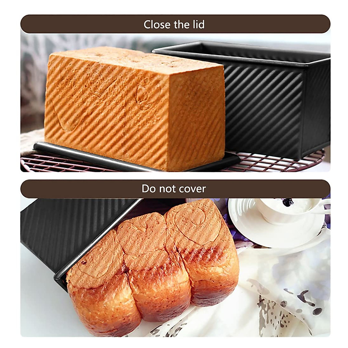 Black Pullman Loaf Pan with Lid, 1 lb Dough Capacity, Nonstick Bread Toast Mold with Cover, Carbon Steel Corrugated Bread Mould Bakeware