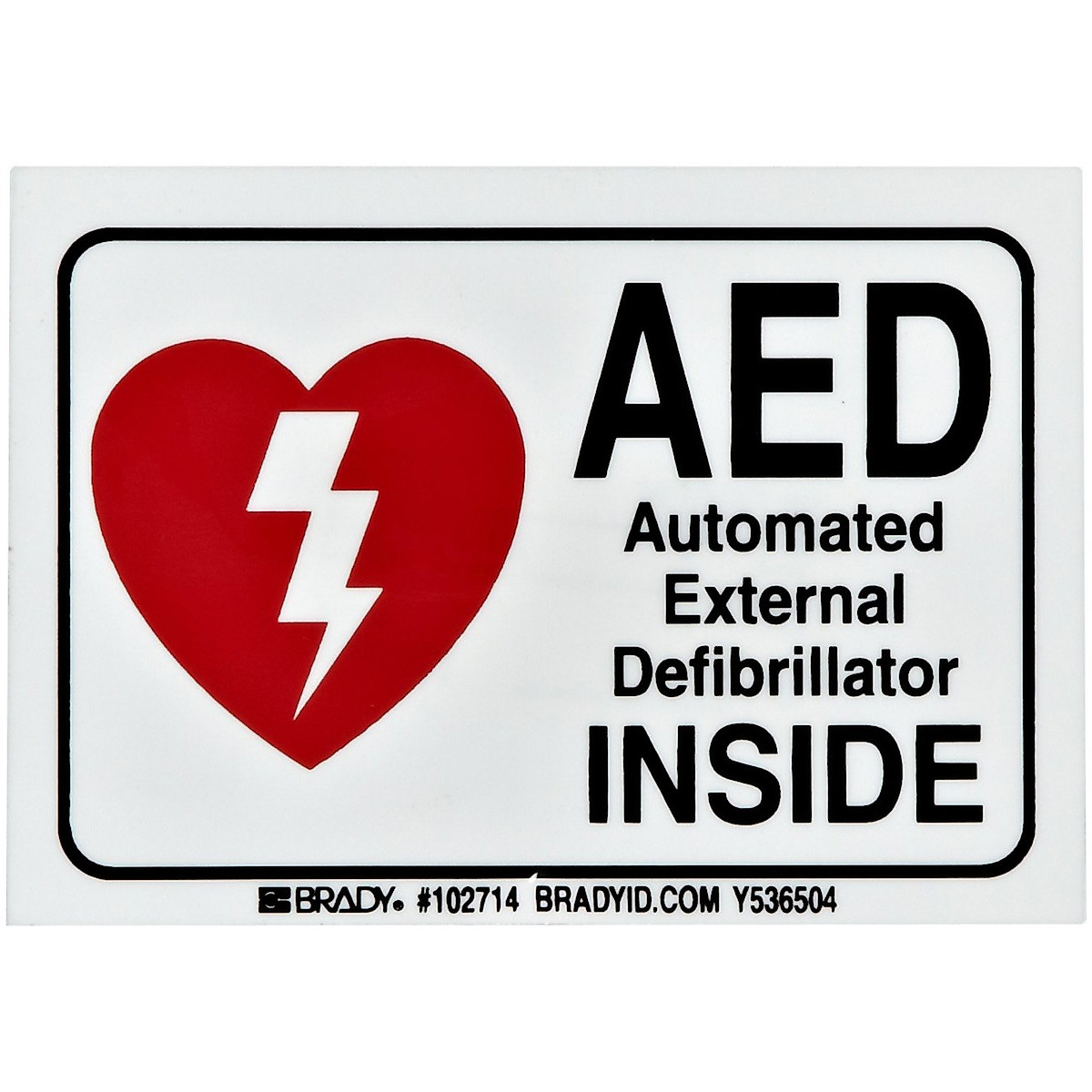 Brady 102714 3-1/2" Width x 5" Height B-302 Polyester, Red and Black on White AED Label, Legend "AED Automated External Defibrillator"