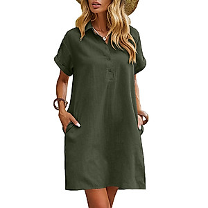 Zeagoo Womens Cotton Shirt Dress Button Down Dress Solid Color Casual Mini Dress with Pocket Green S