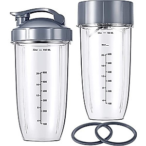 7 Pieces nutribullet Blender Cups & Blade Replacement Set 32oz Huge Cup with 1 Flip-Top To-Go Lid and 1 Lid Ring & Premium Extractor Blade with Compatible with NutriBullet 600w/900w Blender