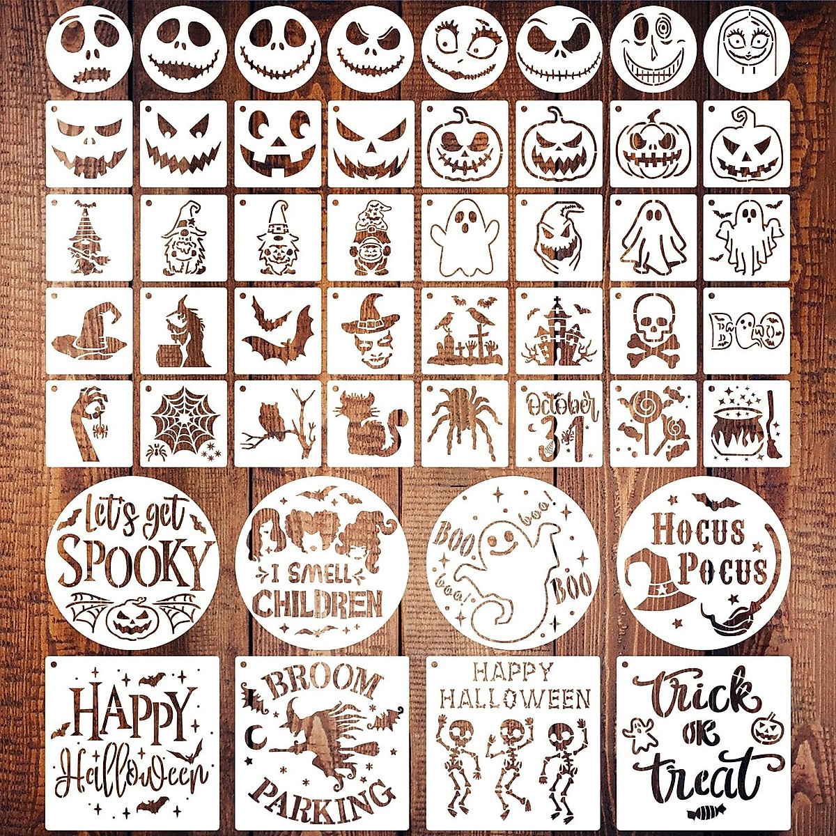48 PCS Halloween Stencils Reusable, Ghost Bat Witch Spider Pumpkin Stencils for Painting on Wood DIY Crafts Ornaments Wood Slice Halloween Decoration