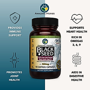 Amazing Herbs Premium Black Seed Oil Capsules - Cold Pressed Nigella Sativa Aids in Digestive Health, Immune Support, Brain Function, Gluten Free, Non GMO - 90 Count, 500mg