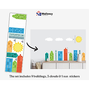 Wallency City Wall Decal - Fabric Wall Decal - Colorful Skyscraper Buildings, Clouds and Sun Wall Stickers for Kids Room, Nordic Nursery - Peel and Stick, Removable Wall Stickers (Small)