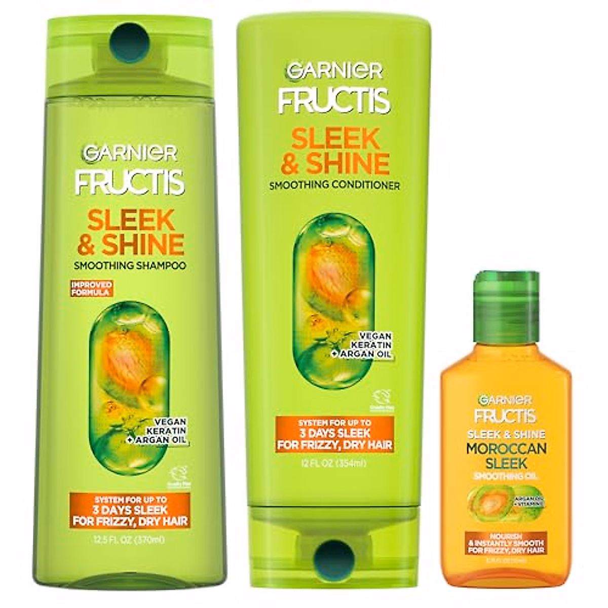 Garnier Fructis Sleek & Shine Shampoo, Conditioner + Moroccan Sleek Oil Set for Frizzy, Dry Hair, Argan Oil (3 Items), 1 Kit (Packaging May Vary)