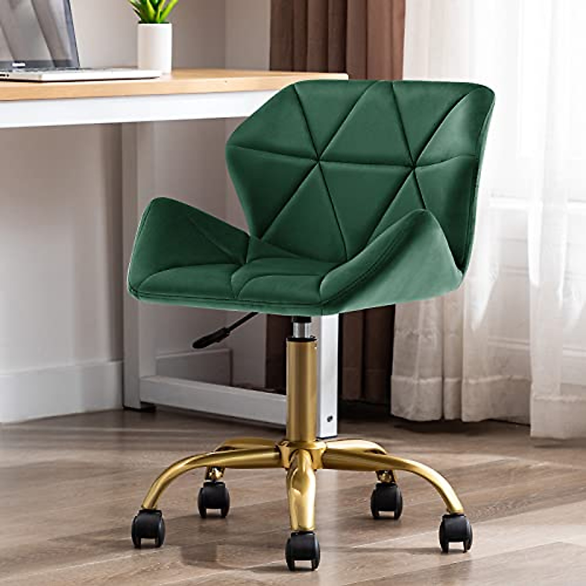 Duhome Cute Home Office Chair, Velvet Swivel Desk Chair Armless Hydraulic Rolling Computer Chair with Backrest Golden Base for Teens Girls, Dark Green