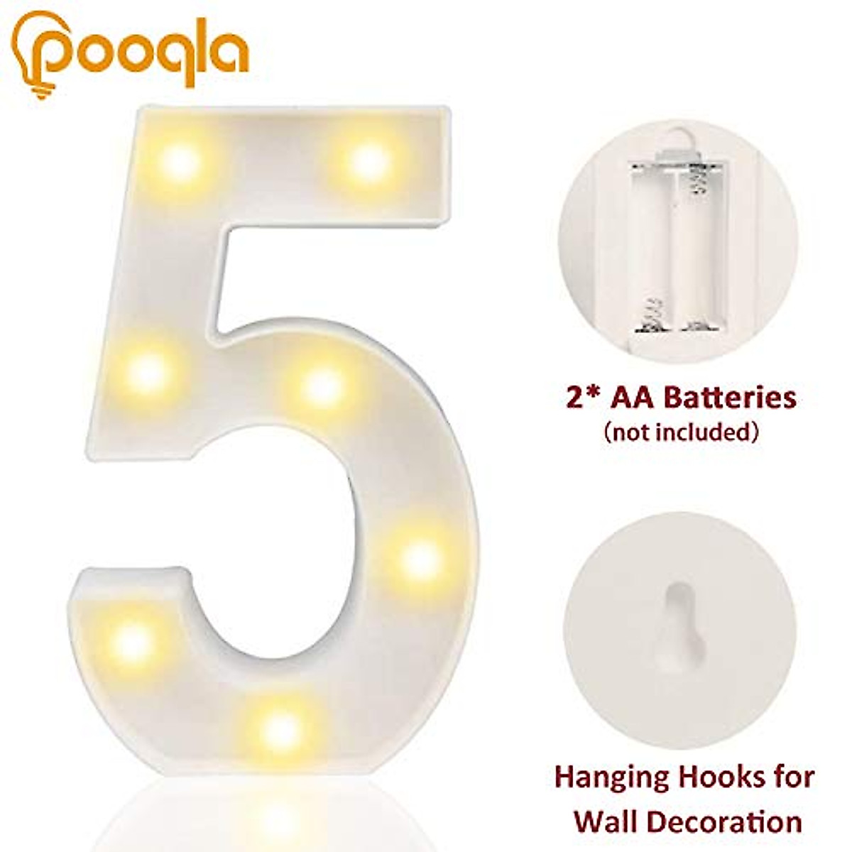 Pooqla Decorative Led Light Up Number Letters, White Plastic Marquee Number Lights Sign Party Wedding Decor Battery Operated Number (5)