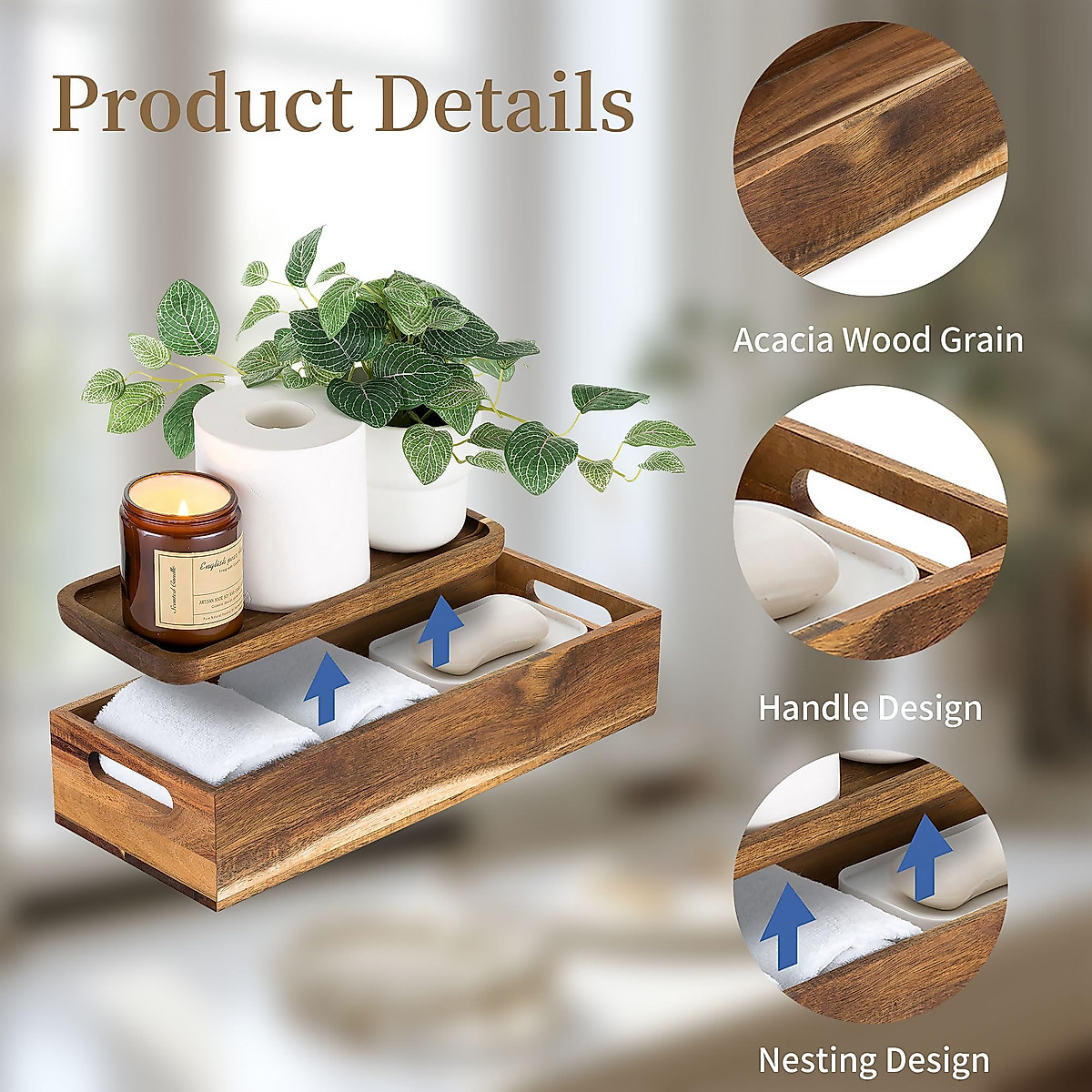 Toilet Tank Basket Wood Bathroom: Hanobe Set of 2 Wooden Toilet Paper Basket Topper with Vanity Tray Back of Toilet Organizer Acacia Toiletry Storage Holder Box