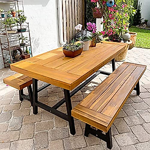 PHI VILLA Outdoor Table Bench Set of 3, 1 Wood Dining Table & 2 Wooden Benches, Premium Acacia Wood Patio Furniture Set for Porch Balcony Deck, Teak Color