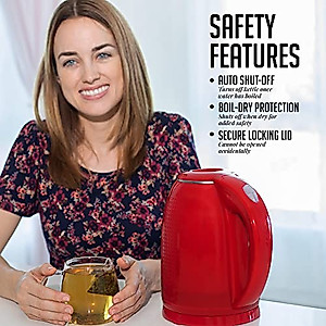 OVENTE Portable Electric Kettle Stainless Steel Instant Hot Water Boiler Heater 1.7 Liter 1100W Double Wall Insulated Fast Boiling with Automatic Shut Off for Coffee Tea & Cold Drinks, Red KD64R