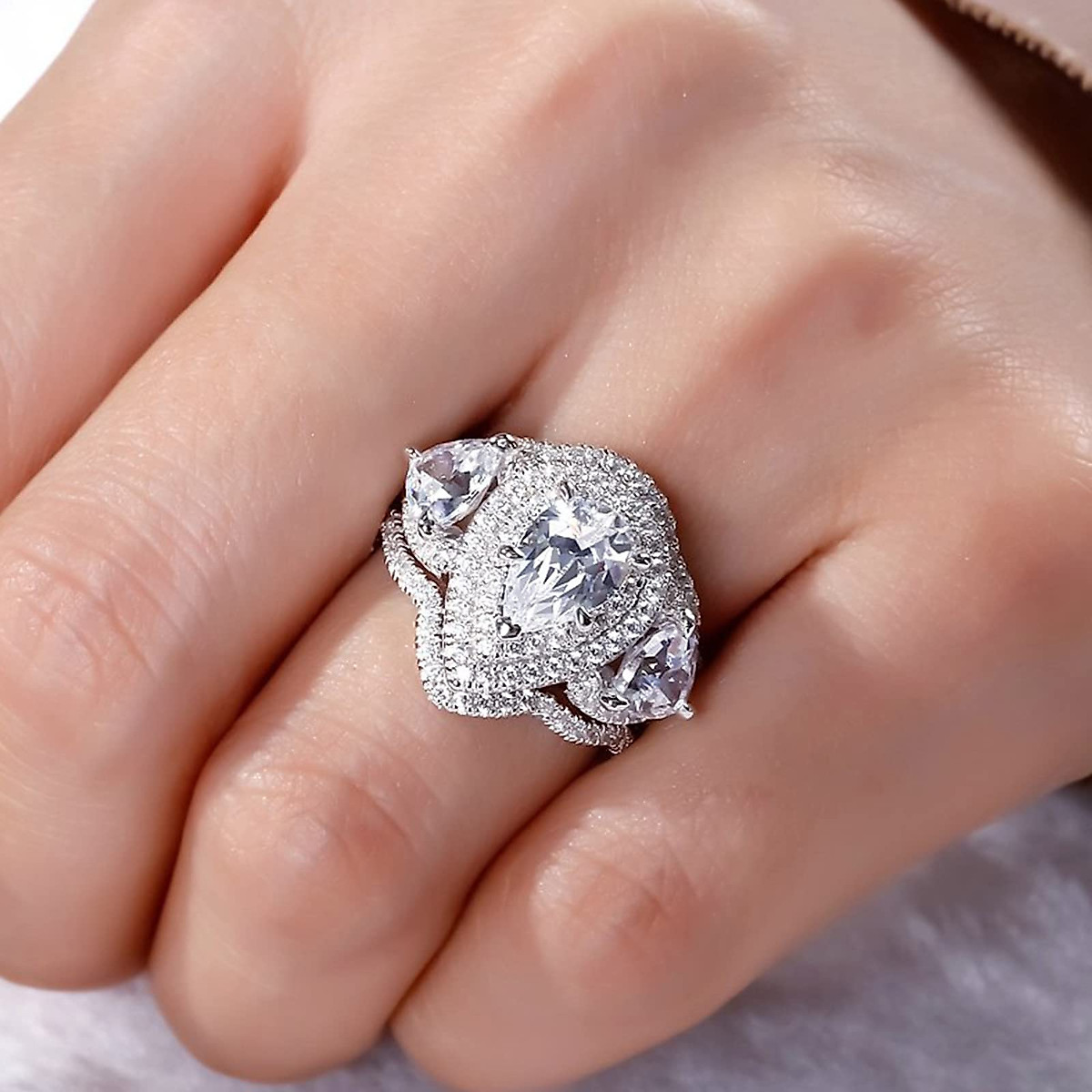 Jeulia Double Halo Oval Engagement Ring Sterling Silver Cubic Zirconia Engagement Ring Set Simulated Diamond Wedding Bridal Sets with Side Stones Promise Gift