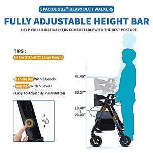 FlyingJoy Heavy Duty Rollator Walker for 450 lbs Large People, 4-Wheels Folding Rolling Walker with Extra Spacious Seat, NOT for Standard Door 26" Wide, a bit Bulky for Lightweight Elderly (Black)