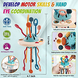 Baby Sensory Toys, Montessori Pull String Airplane Travel Toys for Toddlers 1-3, Montessori Toys for Babies 6-12 Months UFO Silicone Pull String Activity Toy Dawnier Pull Toy