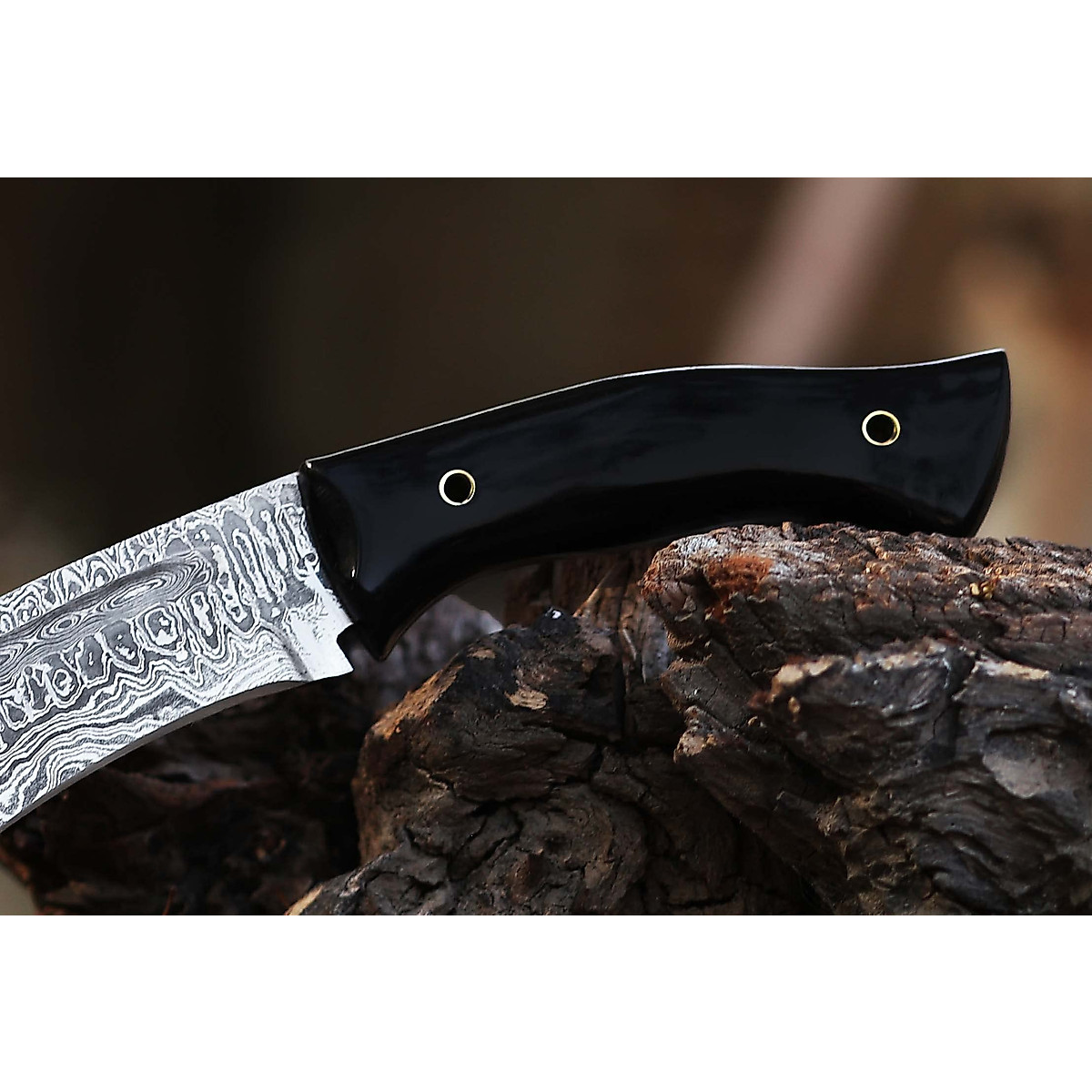 12.5 Inch long Hunting knife, Collectible knife, Natural Camel bone scale embellished with engraved brass finger guard, foil work spacer and pommel, Hand forged Twist pattern Damascus steel blade, Comes with Leather sheath