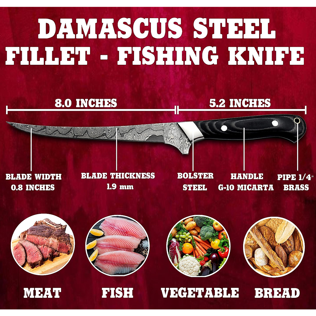 Hercules Knives Custom Hand Forged Damascus Steel Fillet Knife Fisherman's Filet G-10 Micarta Handlle Leather Sheath Fixed Blade Handmade Knife Ultra Sharp Edge(Damascus Steel)