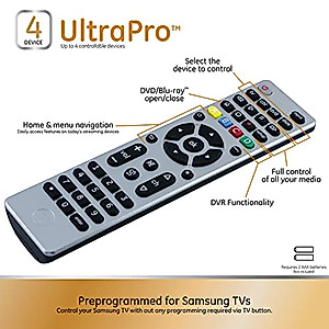 GE Universal Remote Control for Samsung, Vizio, LG, Sony, Sharp, Roku, Apple TV, TCL, Panasonic, Smart TVs, Streaming Players, Blu-ray, DVD, 4-Device, Silver, 33709