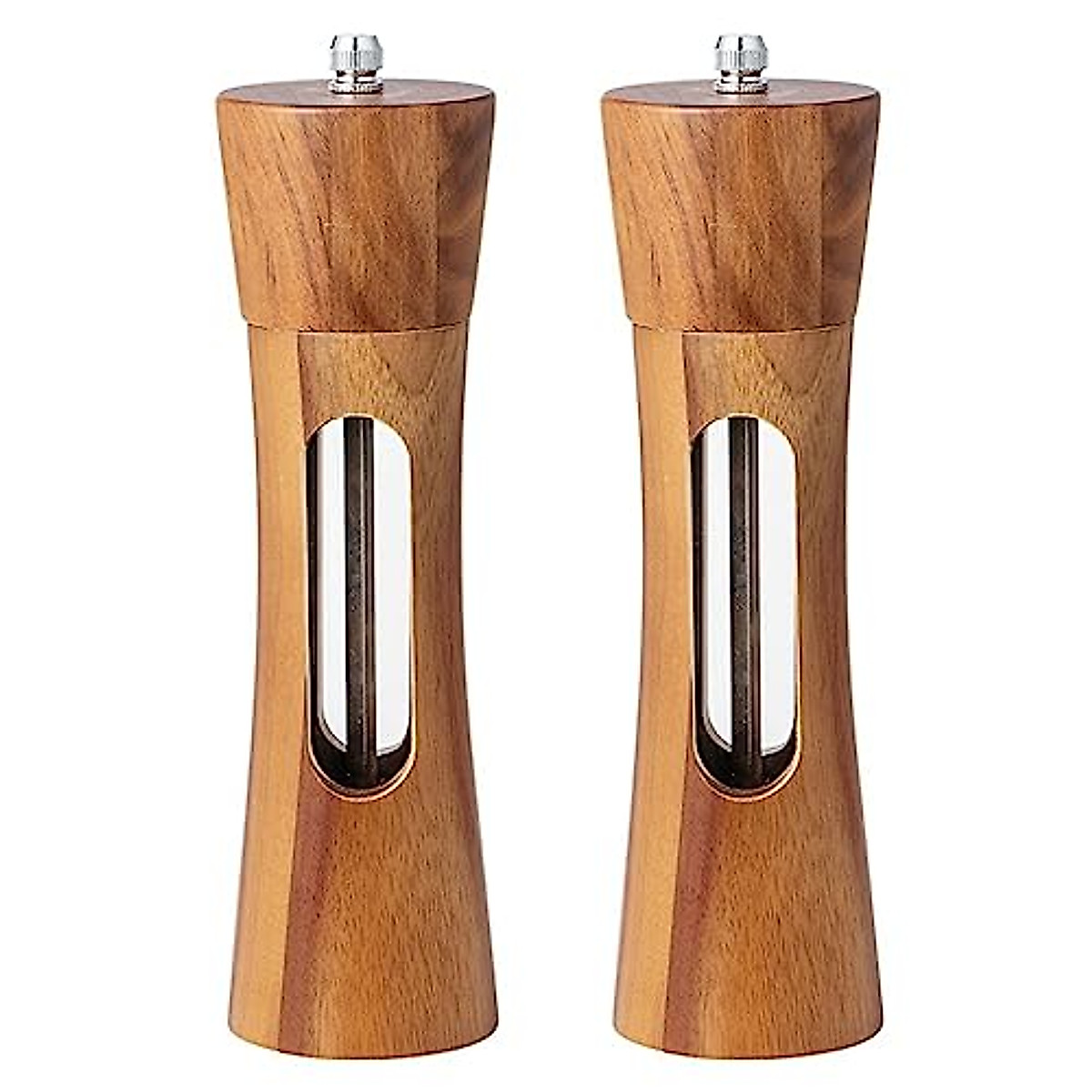 Ousyaah Salt and Pepper Grinder Set (2 Pack), Manual Wooden Salt and Pepper Shakers with Adjustable Ceramic Core and Visible Acrylic Window, Refillable Salt & Pepper Mill Set | Adjustable Coarseness