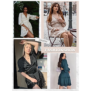 Dokotoo Womens Cute Summer Spring Casual Sexy Deep V Neck Ruffle Chiffon Lantern Long Sleeve Elegant Boho Hawaiian Flowy Mini Short Skirt Dresses for Women Party 2025 Red Small