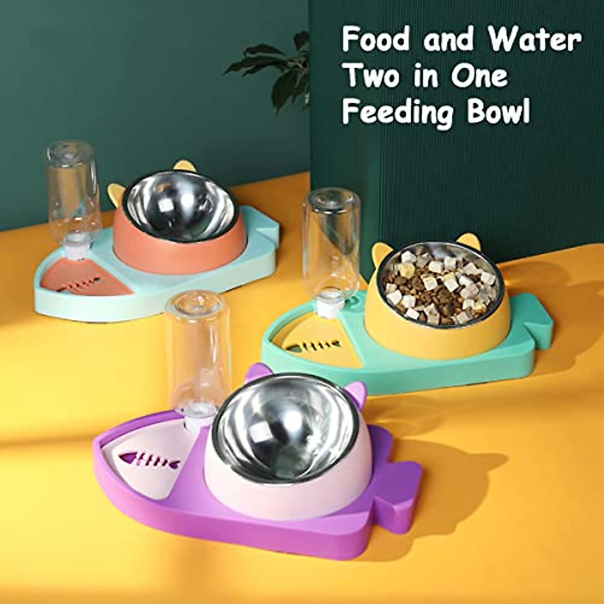 Pet Bowl Food and Water Two in One Feeder Anti-Choking Stainless Steel Dog Cat Bowl Kit Removable Automatic Water Refill No Spill Dripless Water Bottle Feeding Bowl (Blue)