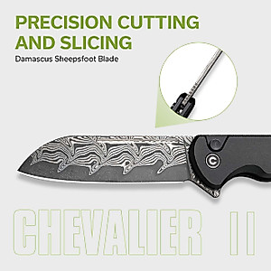 CIVIVI Chevalier II Folding Pocket Knife, Button Lock Knife for EDC 3.47" Damascus Sheepsfoot Blade Plus Aluminum Handle, Utility Knife for Men Women Gift C20022B-DS1