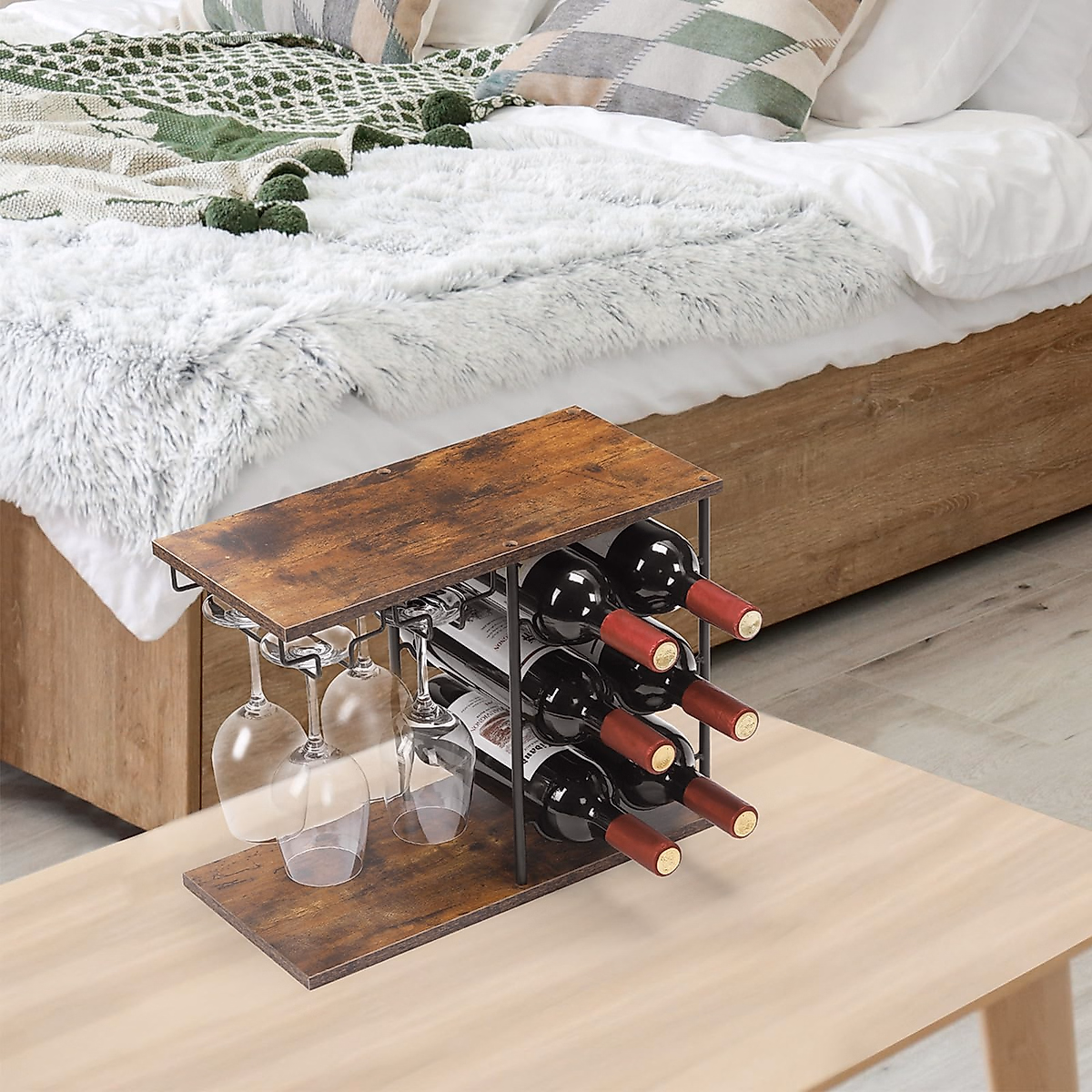 YBING Wine Rack Countertop Wine Holder Stand for 6 Wine Bottles and 4 Glasses Tabletop Small Wine Holder Wooden Wine Bottle Organizer for Kitchen, Bar, Wine Cellar, Cabinet (Brown)
