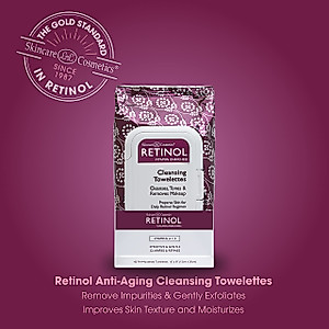 Retinol Anti-Aging Cleansing Towelettes – All-in-One Cleanser, Toner & Makeup Remover in a Convenient Pre-Moistened Wipe – On-The-Go Exfoliating, Toning & Hydrating Leaves Skin Clean, Fresh & Refined