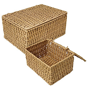 RoyalHouse Woven Stackable Storage Baskets with Lid, Decorative Rope Organizer Bin - Set of 2 (2 Sizes), Beige (No Liner)