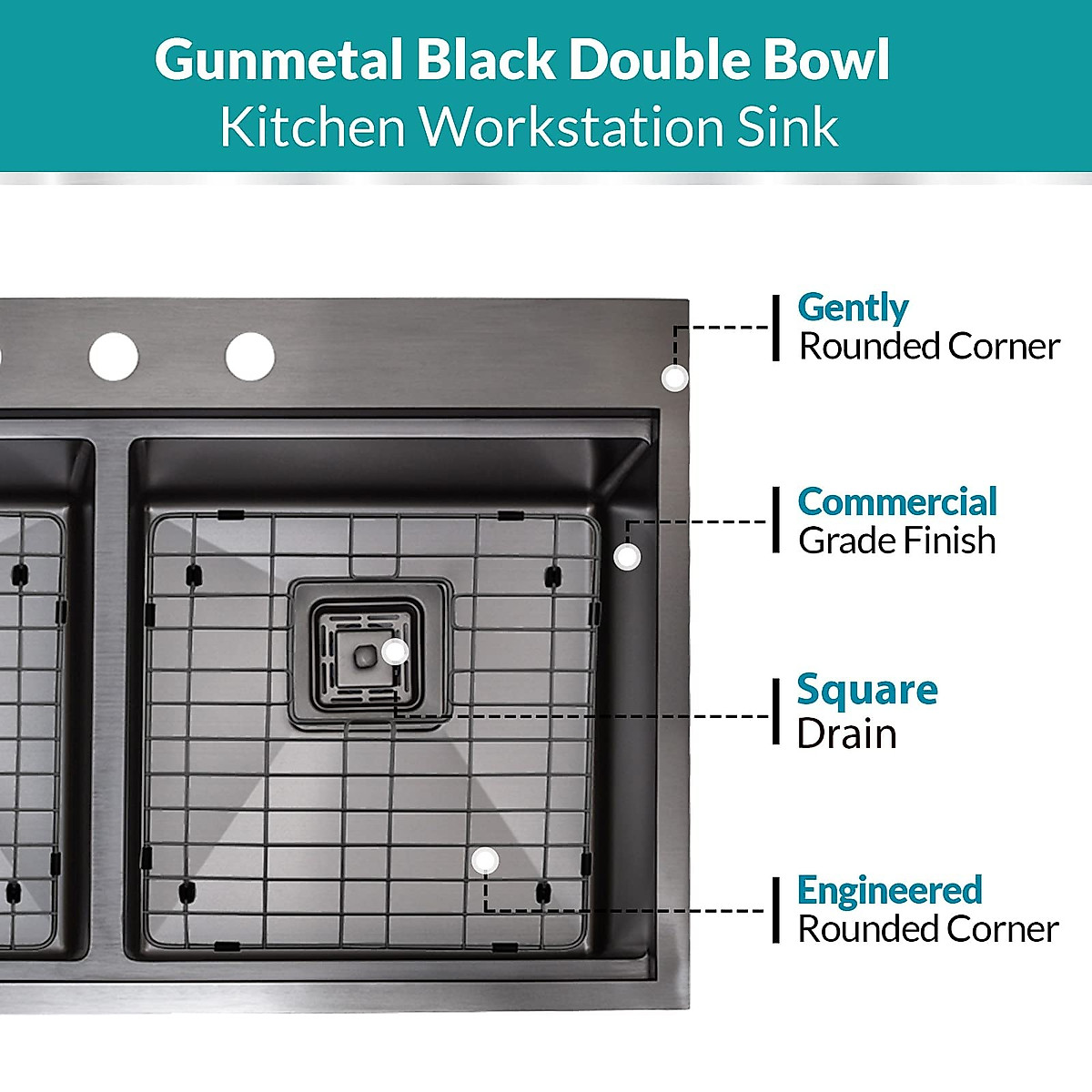 Strictly Sinks 33 inch Topmount Kitchen Workstation Sink Gunmetal Black 5050 Double Bowl 16 Gauge Stainless Steel Drop In Scratch, Stain Resistant Colander, Cutting Board & Bottom Protector Grid
