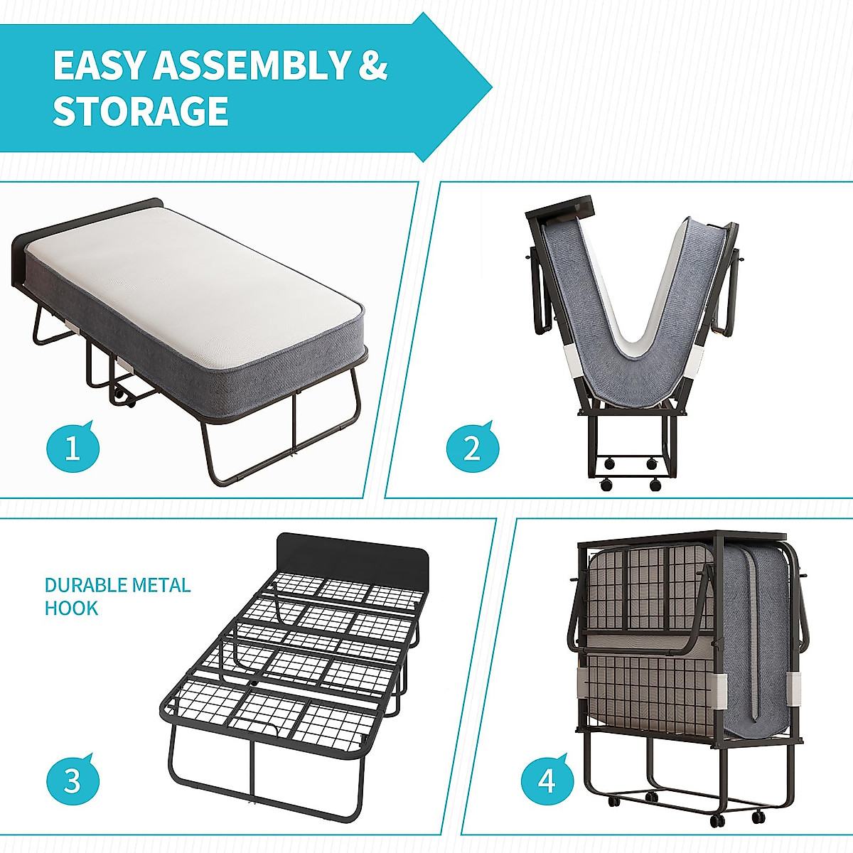 CECER Twin Size Rollaway Bed with 5 Inch Foam Mattress, 75" x 38" Folding Bed, Space-Saving Guest Bed with Headboard, Portable Foldable Bed for Adults with Sturdy Metal Frame and Dust Cover