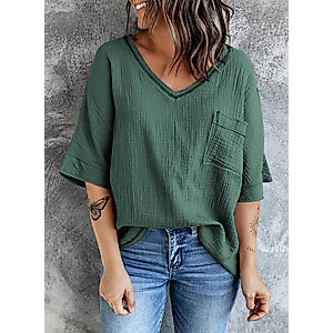 Dokotoo Womens Juniors Elegant Casual Spring Summer Shirts and Blouses for Women 2023 T-Shirts V Neck 3/4 Sleeve Cotton Tunic Tops Loose Shirts with Pocket Green Large