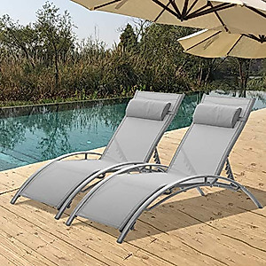 Set of 2 Outdoor Patio Chaise Lounge Chairs,Beach Pool Reclining Adjustable Lounge Chair with Headrest for Patio Beach Yard Pool