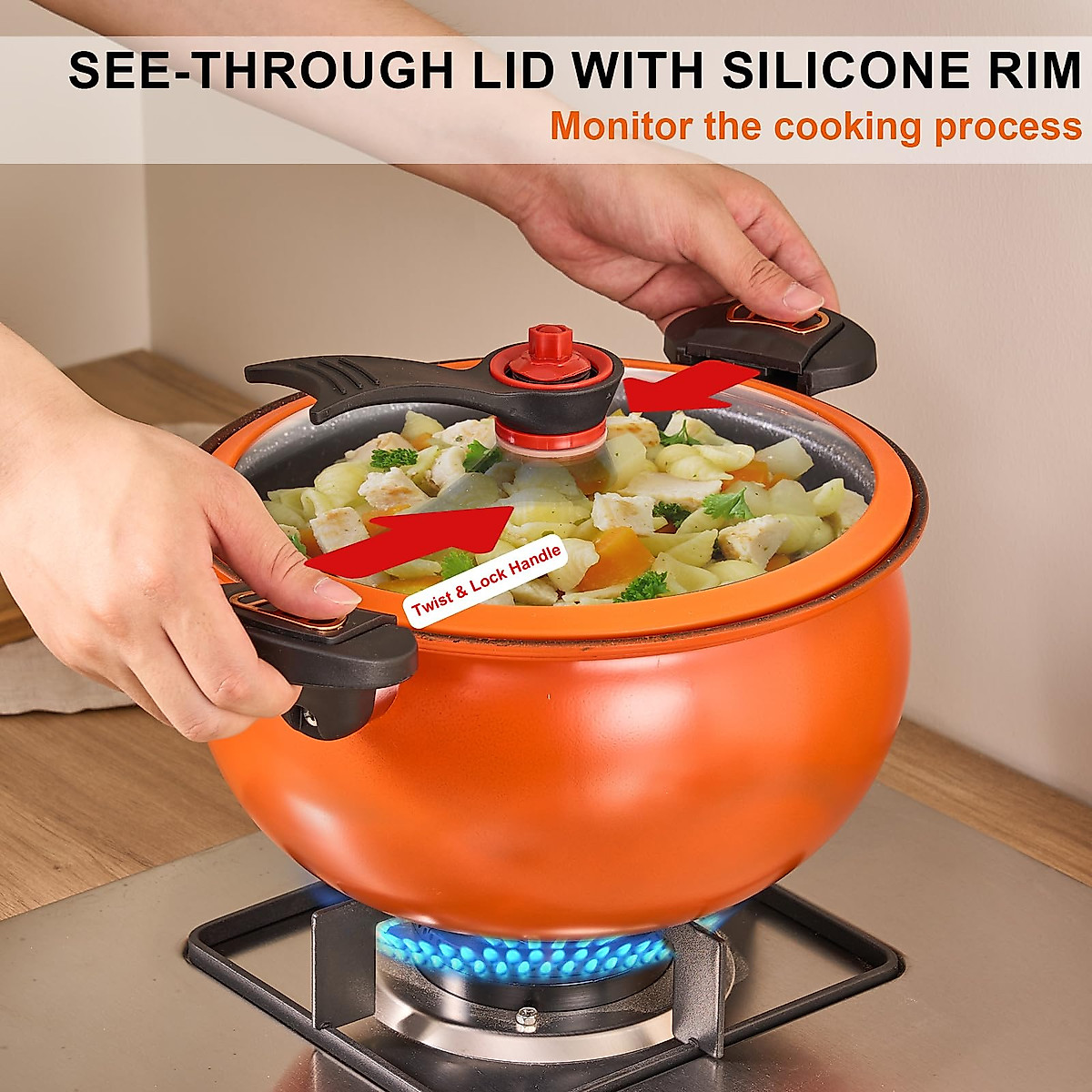 FNT 8 Qt Orange Stock Pot with See-through Lid Standing, Crock Pot with Twist & Lock Handles, Micro Pressure Cooker 8 qt, Healthy Coating Cooking Pot for Gas, Induction, Electric Stoves