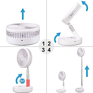Spurtar Portable Standing Fan, Foldaway Fan, Desk and Table Foldable Fan Rechargeable Battery Operated USB Quiet Adjustable Standing Height 13.7'' to 38'' (34.7cm to 97cm) 4 Speed Modes