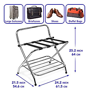 USTECH 2 Tier X-Shape Folding Luggage Rack with High Back | Durable Metal Stand & Heavy-Duty Nylon Straps for Guest Room Storage & Suitcase Holder | Perfect for Bedroom & Closet