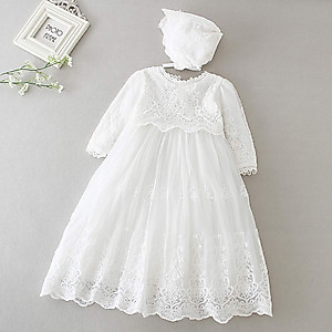 Silver Mermaid Baby Girls Long Sleeve Baptism Dress Floral Embroidery Christening Blessing Gown(3M,Ivory White)