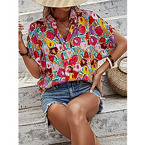 CCTOO Women's Blouses V Neck Short Sleeve Curved Hem Solid Chiffon Dressy Blouse Casual Shirts Tops 159 Color Floral Large