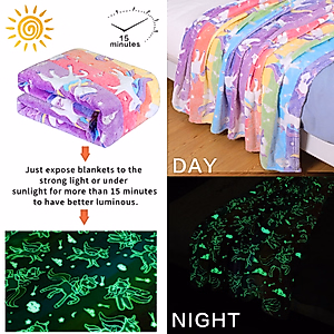 Glow in The Dark Blanket Unicorns Gifts for Girls Birthday Gift Halloween Super Cute Soft Cozy Rainbow Unicorn Star Flannel Luminous Magic Throw Thanksgiving Decor 50"x60"