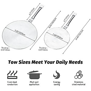7.68 Inch and 9.25 Inch Heat Diffuser Set, Stainless Steel Induction Cooker Diffuser Plate with Stainless Handle for Gas Stove Glass Cooktop Converter, Induction Hob Pans