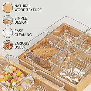 GOODSDECO Glass Serving Dishes with Wood Serving Tray, Divided Serving Platters with Wood Tray, Glass Bowl and Platters for Parties (2pcs)