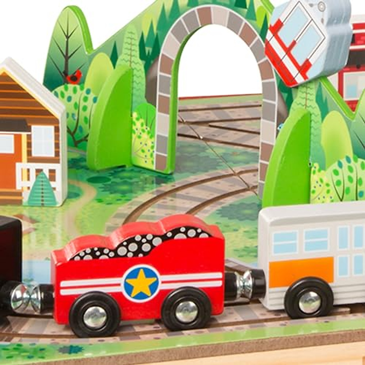 Melissa & Doug 17-Piece Wooden Take-Along Tabletop Railroad, 3 Trains, Truck, Play Pieces, Bridge - FSC Certified