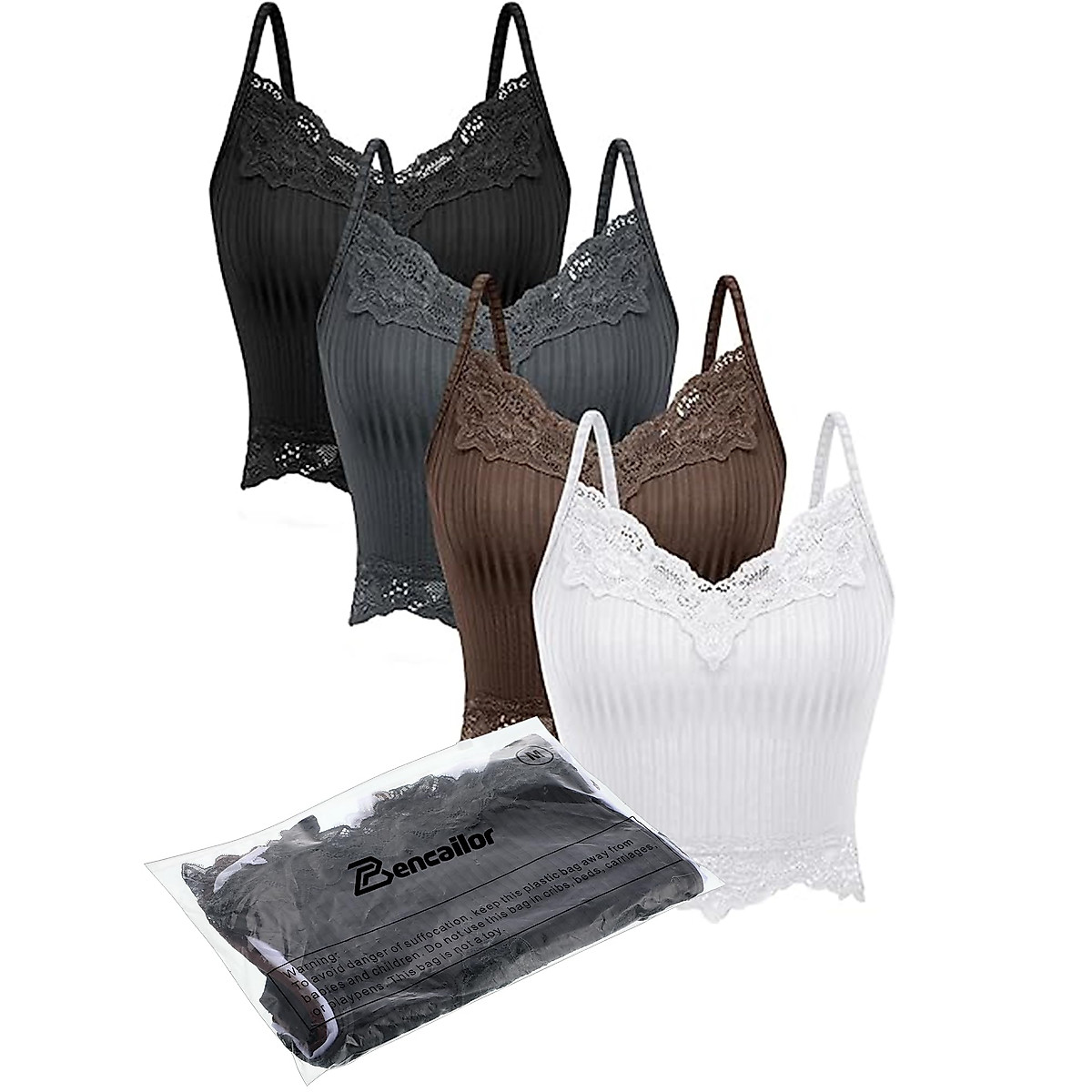 Bencailor 4 Pcs Lace Y2k Tank Tops Fairy Grunge Clothes Crop Tops Lace Patchwork Cami Ribbed Knitted Tank for Women(XX-Large,Black, White, Skin, Gray)
