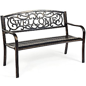 Tangkula Outdoor Steel Garden Bench Park Bench, 50 Inch Patio Welcome Bench with Slated Seat & Floral Design Backrest, Outdoor Bench with Iron Casted Pattern, Suitable for Patio Backyard Garden Park