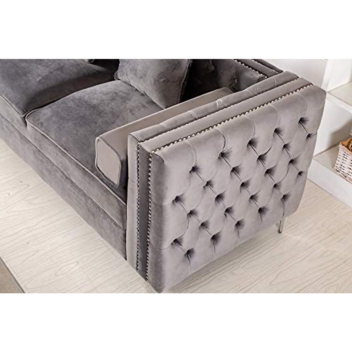 Legend Vansen Reversible L Shaped Velvet Sofa Chaise with Ottoman for 3seats Large Size Sectional, Grey