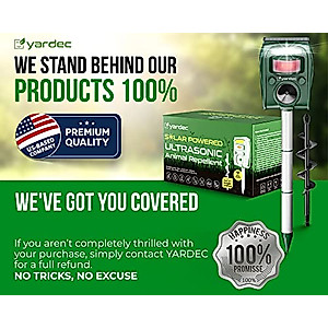 YARDEC Solar Animal Repellent Outdoor with Drill Bit - Waterproof Motion Activated Ultrasonic Animal Repeller with LED Flashing Light to Repel Deer, Rabbit, Squirrel, Skunk, Cat, Raccoon, Dog, etc.