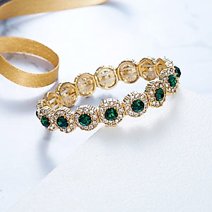 BriLove Women's Wedding Bridal Crystal Rhinestone Beaded Stretch Bangle Bracelet Emerald Color Gold-tone