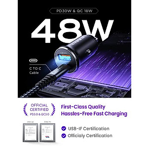 48W USB C Car Charger All Metal Fast USB Car Charger Adapter with 60W 3.3ft Nylon Braided Type C Cable LISEN Compact Cigarette Lighter USB Charger PD&QC3.0 Dual Port for Samsung S22/Pixel/Android/iPad