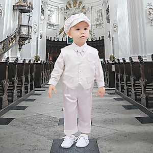 Booulfi Baby Boy Baptism Christening Clothing,Vest Bodyshirt Suspenders Pants Tie 5 Pieces Baby Boy Dress Outfit 3-6M
