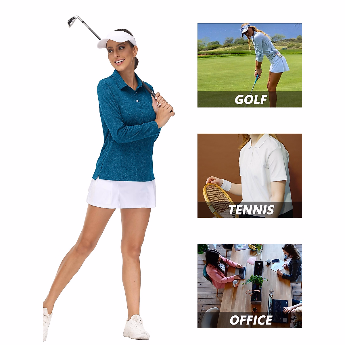 MAGCOMSEN Women Polo Shirts for Work Athleisure Cool Activewear Dry Fit Full Sleeve Tshirts SPF 50 Tops, P Blue, L