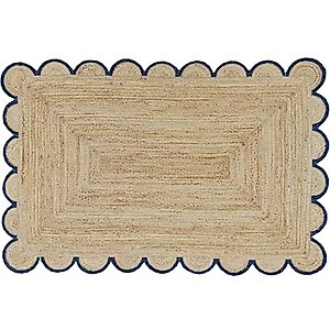 KALVEERA Boho Jute Area Rug for Home decore Rectangular Scalloped Vintage Jute Area Rug Carpet Navy 2' x 3'
