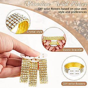 Junkin 6 Packs Corsage Bracelet Wrist Corsage Rhinestone Elastic DIY Wrist Rhinestone Bracelet Accessories for Wedding Decor Prom Ceremony Anniversary Bridal Shower Party(Gold)