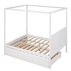 Harper & Bright Designs Queen Canopy Bed with Trundle and Three Storage Drawers, Solid Wood 4-Post Canopy Platform Bed Frame with Headboard and Slat Support, No Box Spring Needed (Queen Size, White)